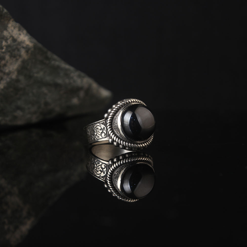 Lucifer Ring Black Onyx Stoned, Round Form, Luxury Handmade Engraved ...